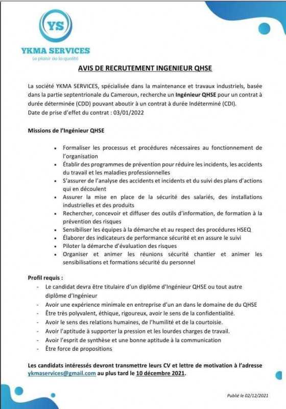 YKMA SERVICES – Ingénieur QHSE #assista..