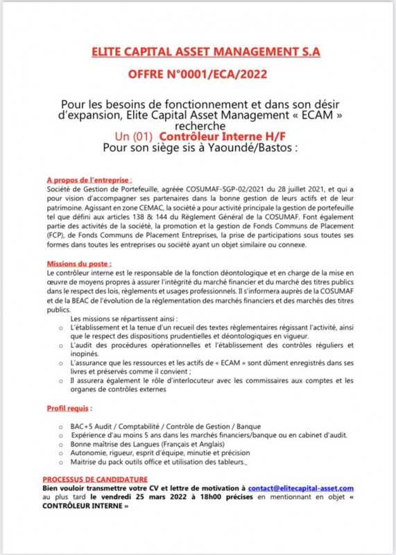 ELITE CAPITAL ASSET MANAGEMENT S.A – CONTRÔLEUR IN..