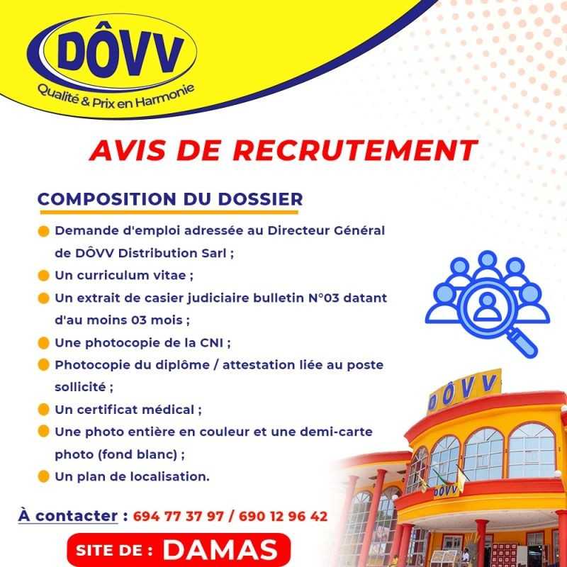 DOVV DISTRIBUTION SARL – RECRUTEMENT MASSIF – Yaou..
